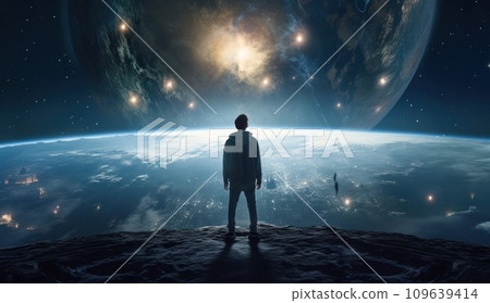 man standing on the earth looking at earth from... - Stock Illustration ...