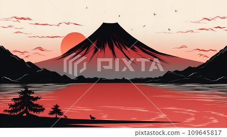 The morning sun rising over Mt. Fuji - Stock Illustration [109645817 ...