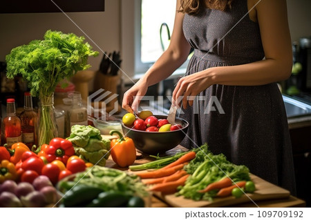 AI-generated content. Woman is cooking in home... - Stock Illustration ...