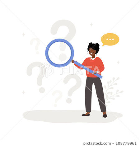 FAQ concept. African woman with magnifying... - Stock Illustration ...