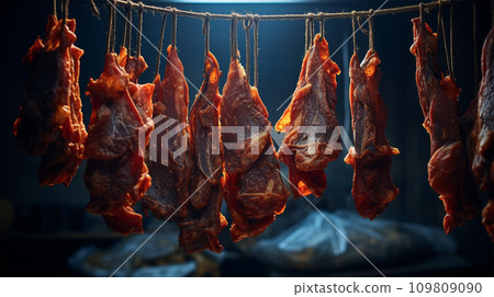 AI-generated content. dried meat hanging on a...-插圖素材 [109809090] - PIXTA圖庫