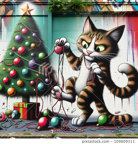 cat destroying christmas tree - Stock Illustration [109809311] - PIXTA