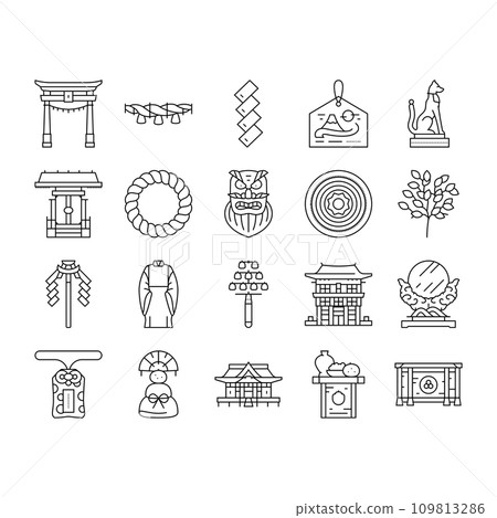 shinto japan japanese temple icons set vector - Stock Illustration ...
