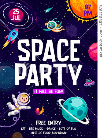 Space party flyer of cartoon astronaut and... - Stock Illustration ...