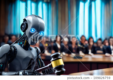 AI Lawyer chatbot. Robot lawyer in court - Stock Illustration ...