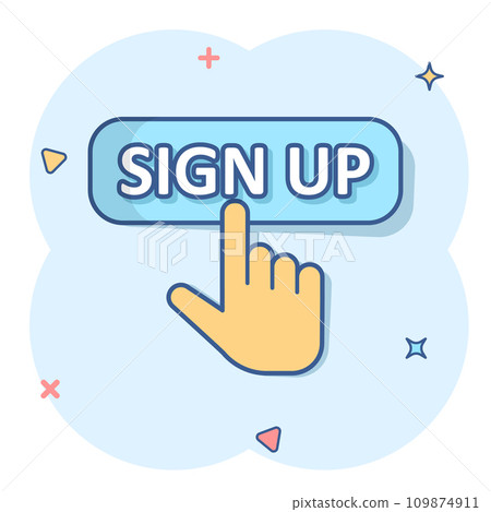 Sign up icon in comic style. Finger cursor... - Stock Illustration ...