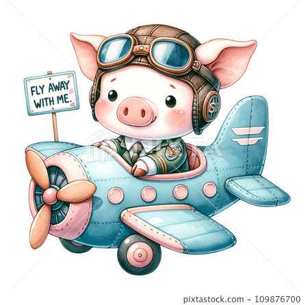 cute pig pilot on airplane watercolor... - Stock Illustration ...