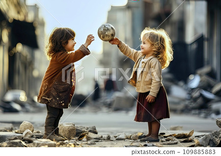 Cheerful little dirty girls in old, poor... - Stock Illustration ...