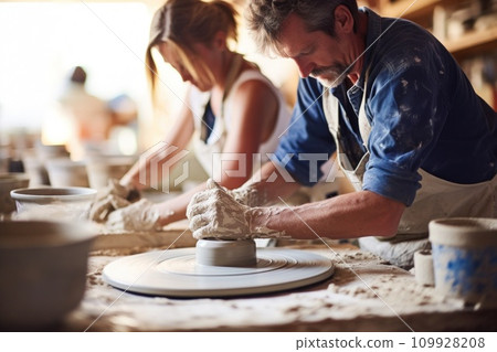 Couple engaged in pottery workshop, molding... - Stock Illustration ...