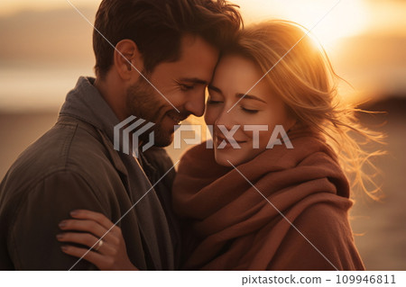 A Couple Cuddling on the Beach at Sunset, AI... - Stock Illustration ...