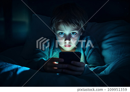 A Boy Using His Smartphone in Bed. AI Generated. - Stock Illustration ...