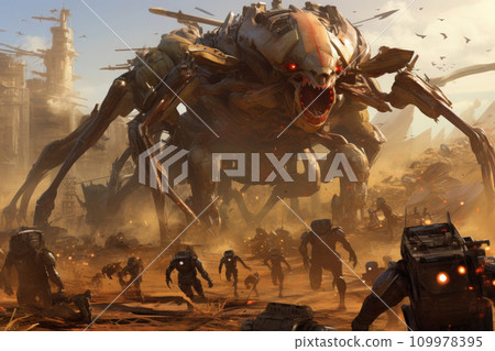 Alien army is fighting humans on battlefield - Stock Illustration ...