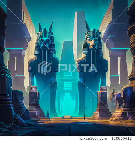Fantasy ancient civilization of Egypt in neon... - Stock Illustration ...