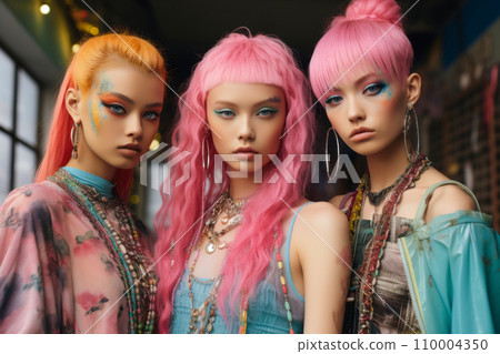 Three Gen Z models with vibrant pastel-colored... - Stock Illustration ...