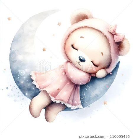 Watercolor Cute teddy bear sleeping on the... - Stock Illustration ...