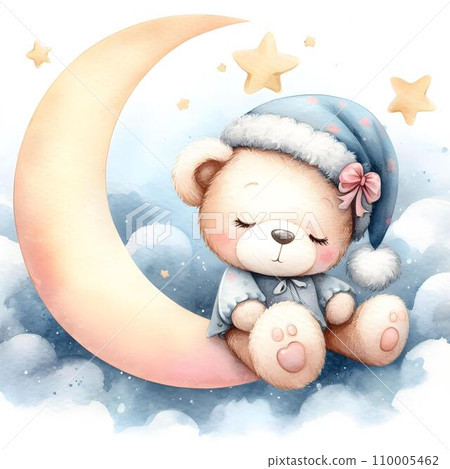 Watercolor Cute teddy bear sleeping on the... - Stock Illustration ...