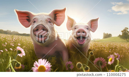 AI-generated content. Two pigs having fun in a... - Stock Illustration ...