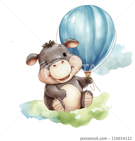 Delightful Watercolor Baby Hippo and Hot Air... - Stock Illustration ...
