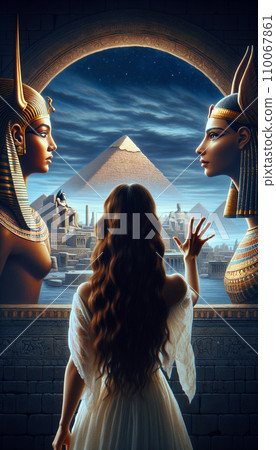 Rear view girl waving at the pyramids in Egypt - Stock Illustration ...