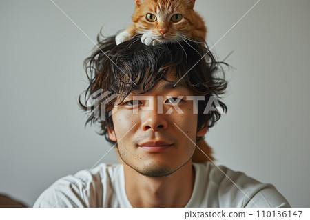 AI image of a man with a cat on his head - Stock Illustration ...