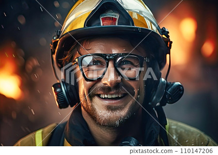 AI-generated content. Cheerful fireman man in... - Stock Illustration ...