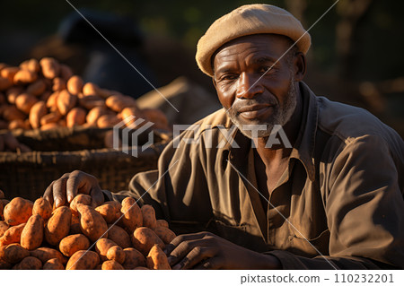 man farmer with harvested sweet potatoes - Stock Illustration ...
