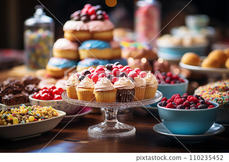 Many sweets and sweets arranged on the table... - Stock Illustration ...