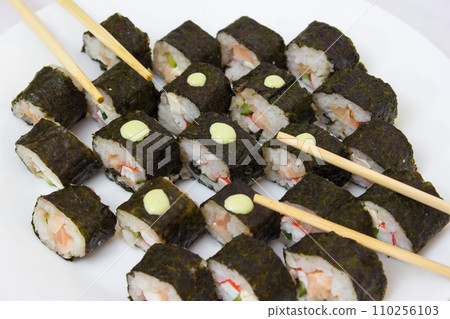 Japanese cuisine, rice sushi and fish - closeup - Stock Photo ...