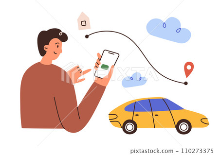 Man requests taxi ride by phone, cab mobile app... - Stock Illustration ...