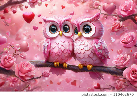 A couple of very cute two pink owls on a... - Stock Illustration ...