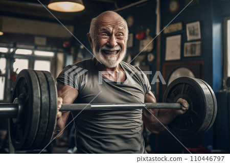 Bodybuilder. Elderly pensioner old man lifts a... - Stock Illustration ...