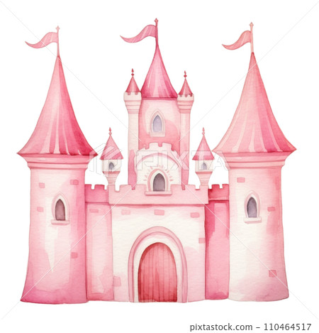 Cute pink watercolor princess castle in a soft,... - Stock Illustration ...
