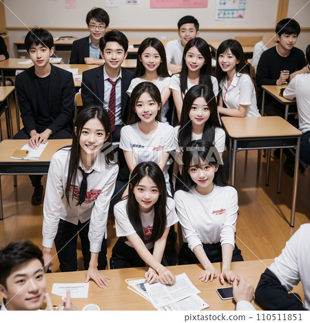 Group photo in high school girls' classroom AI... - Stock Illustration ...