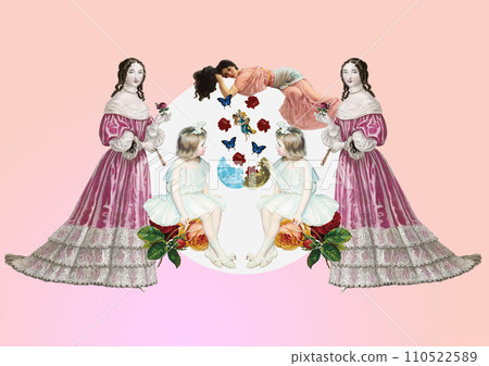 Vintage collage of spring images of women,... - Stock Illustration ...
