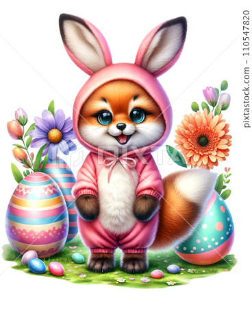 Cute Fox in Easter Bunny Costume with Easter... - Stock Illustration ...