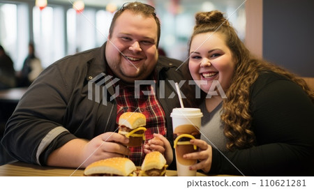 Happy obese couple sitting in a fast food... - Stock Illustration ...