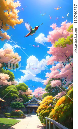 Nature scenery with flying bird drawing anime... - Stock Illustration ...