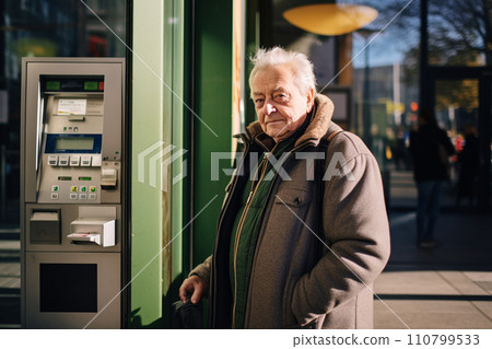 an old man standing behind atm machine with... - Stock Illustration ...
