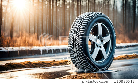 Single car tire standing on the road in...-插圖素材 [110856515] - PIXTA圖庫