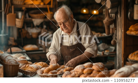 An old baker bakes bread in his small cozy... - Stock Illustration ...