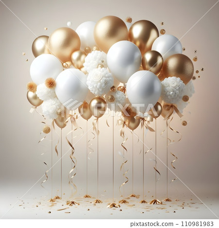 Gold balloons, each supported by ribbons. - Stock Illustration ...