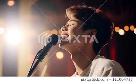 Generative AI Young Asian man singing at a... - Stock Illustration ...