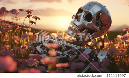 Metal skeleton of android lies in field with... - Stock Illustration ...