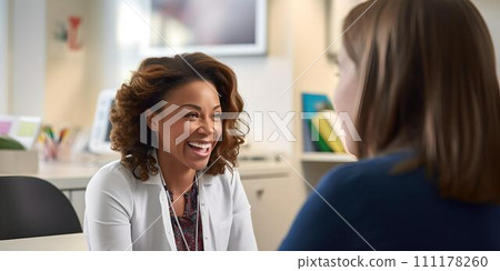 Joyful consultation in bright office. woman... - Stock Illustration ...