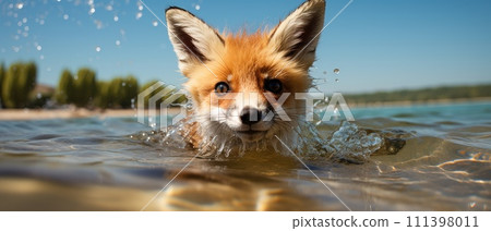 A close-up of a red fox swimming in a river, Ai... - Stock Illustration ...