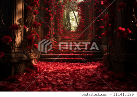 Red rose petal trail leading to a surprise by... - Stock Illustration ...
