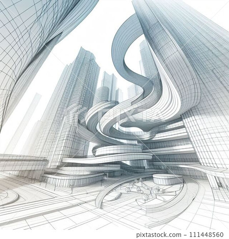 A curved building stretching towards the sky... - Stock Illustration ...