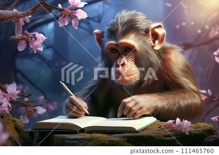 A clever monkey sits with a pen and writing in...-插圖素材 [111465760 ...
