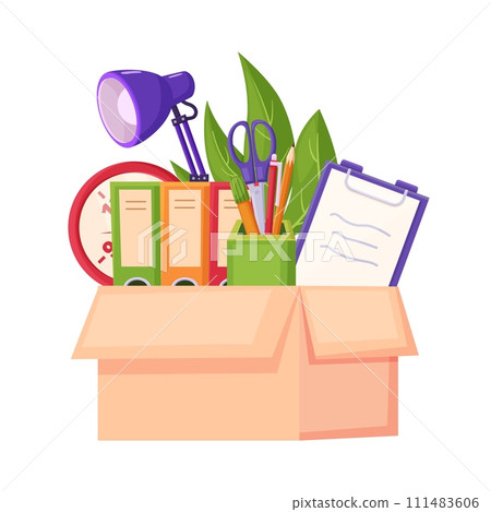 Cartoon office box tools. Folders, plant and... - Stock Illustration ...