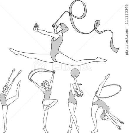Rhythmic gymnastics monochrome line drawing set - Stock Illustration ...
